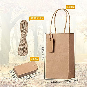 24 Pieces Mini Kraft Paper Bags with Handles 6.25 x 3.5 Inch Paper Party Favor Bag, 24 Pieces Blank Kraft Paper Tag Hanging Labels and 33 Feet Long Twine Rope for Treat Bags, Shopping Bags (Brown)