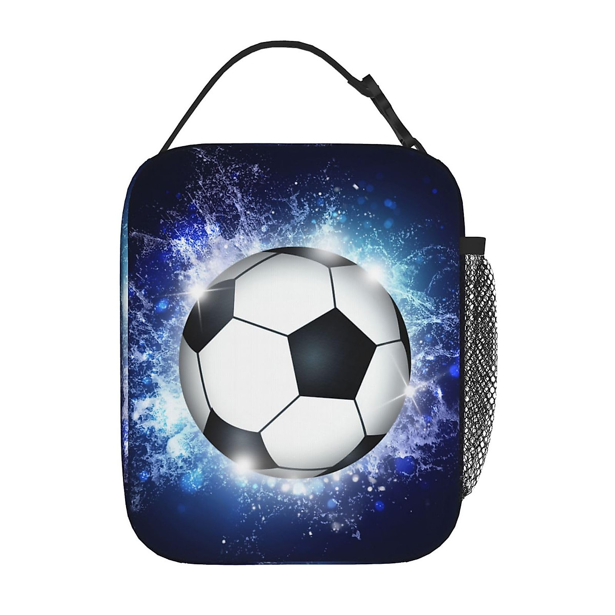 YIJIUWKIS Sports Lunch Box with Soccer Pattern Print, Blue Insulated Lunch Bag for Kids Teens Boys Girls, Reusable Lunch Bag Ice Packs Containers Tote Handbag with Water Bottle Holder and Handle