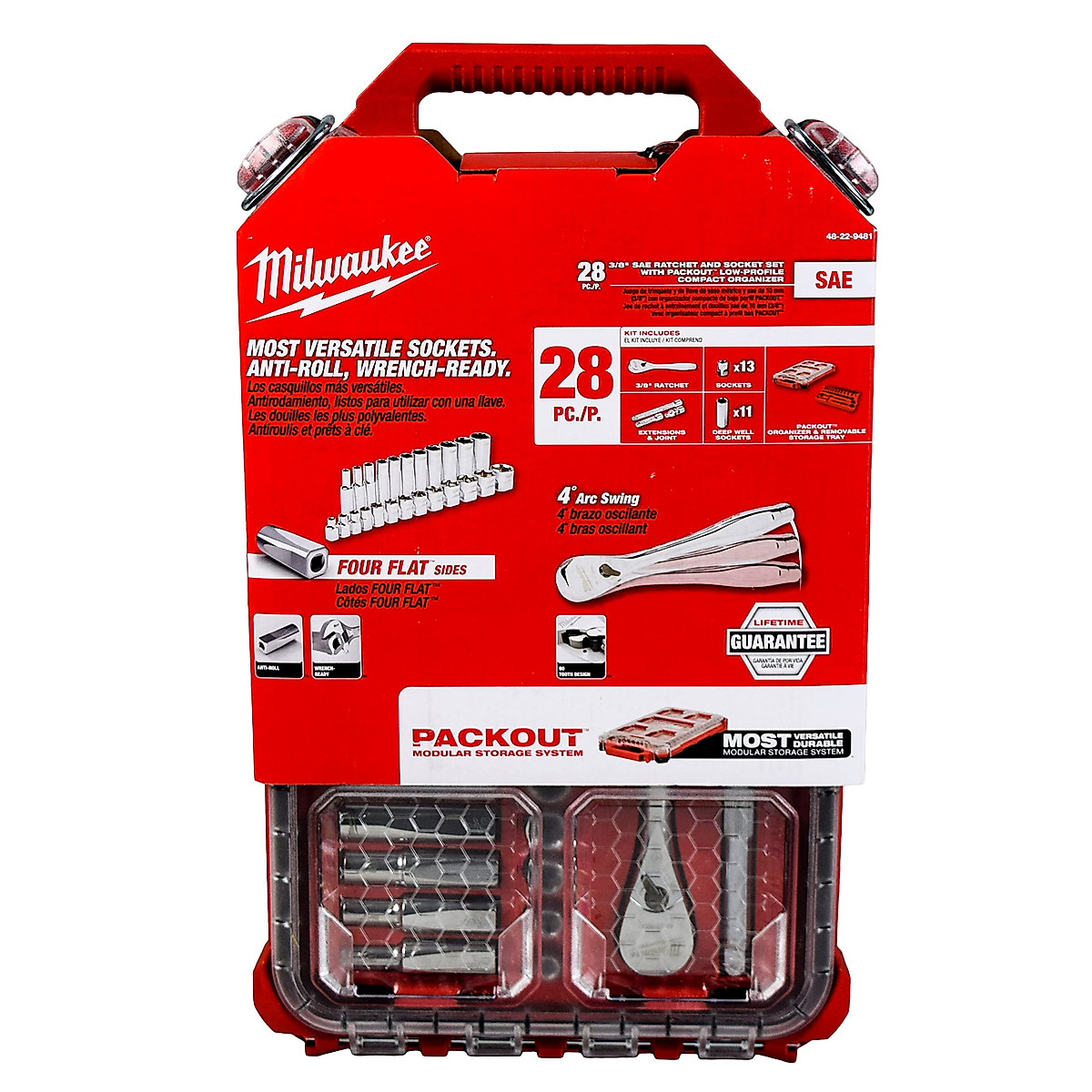 Milwaukee 48-22-9481 28-Piece 3/8 in. Drive SAE Ratchet and Socket Set with PACKOUT Low-Profile Compact Organizer