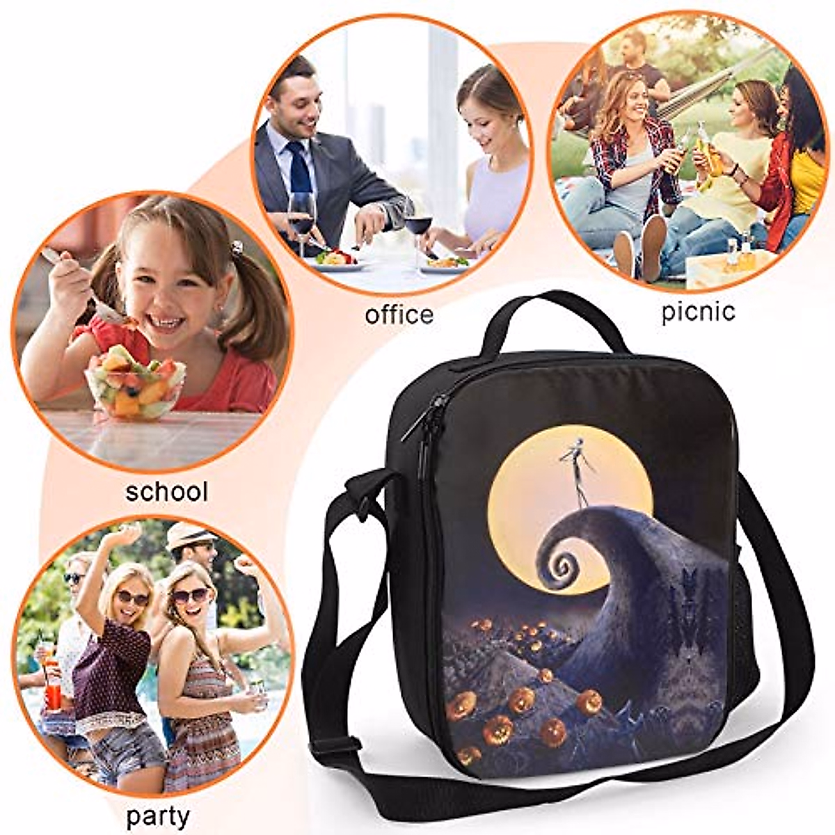 The Nightmare Before Christmas Men & Women Insulated Lunch Bag,Reusable Tote Lunch Box with Water Bottle Holder and Adjustable Shoulder Strap for Office Picnic