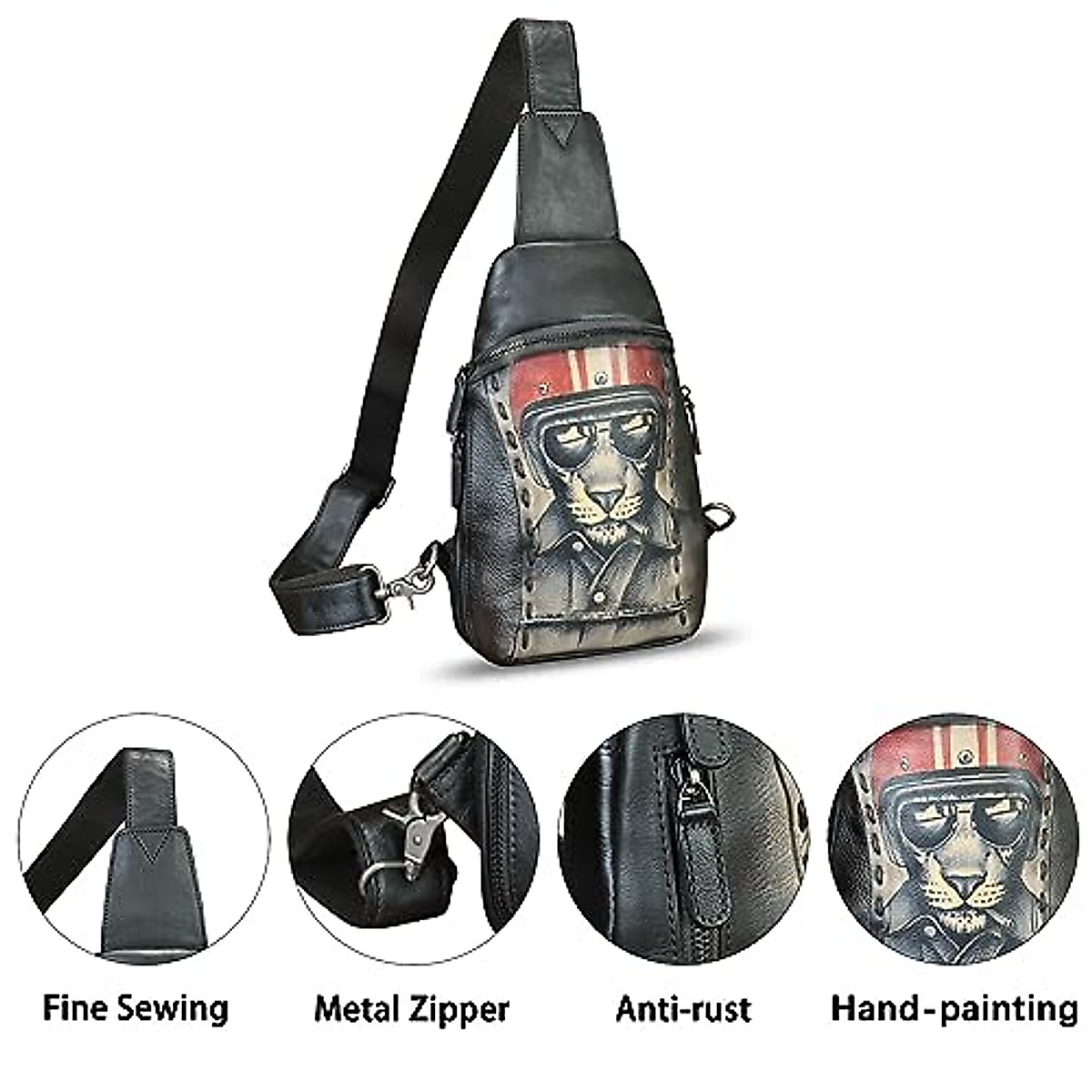 Genuine Leather Sling Bag Hand Painted Crossbody Backpack Retro Handmade Chest Shoulder Daypack Fanny Pack Purse (Pattern3)