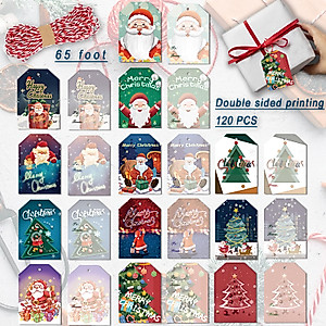 120 Pcs Christmas Gift Tags, Christmas Hanging Tag Label for Christmas DIY Decorations Present Wrapping, with 20m / 66ft Christmas Ribbons, Gift decoration, 12 Styles
