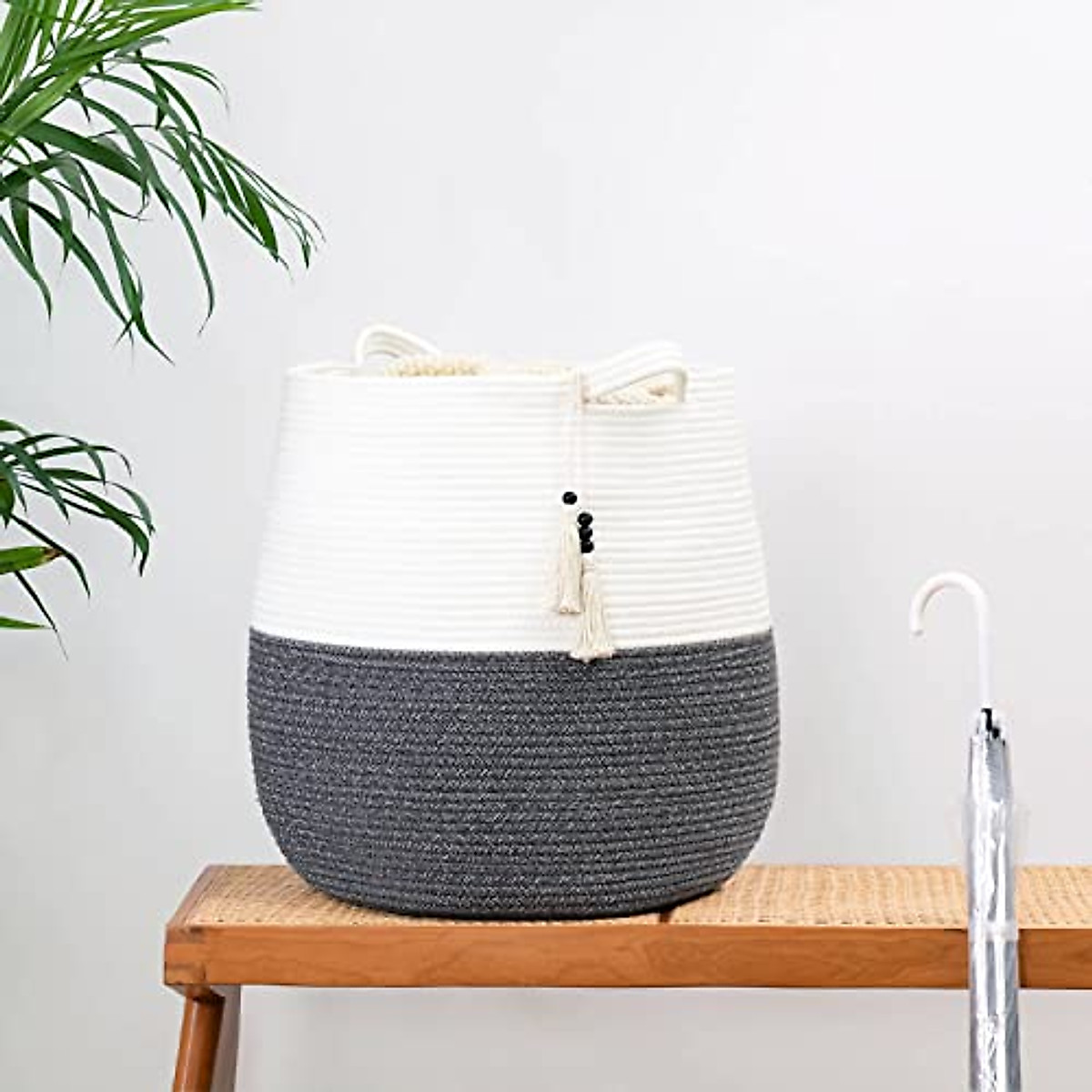 Goodpick Cute Round Storage Basket, Baby Nursery Hamper for Blankets, Clothes, Toys, Woven Rope Basket for Living Room, Decor, Toy Bin, Grey, 17.71 x 14.9 inches