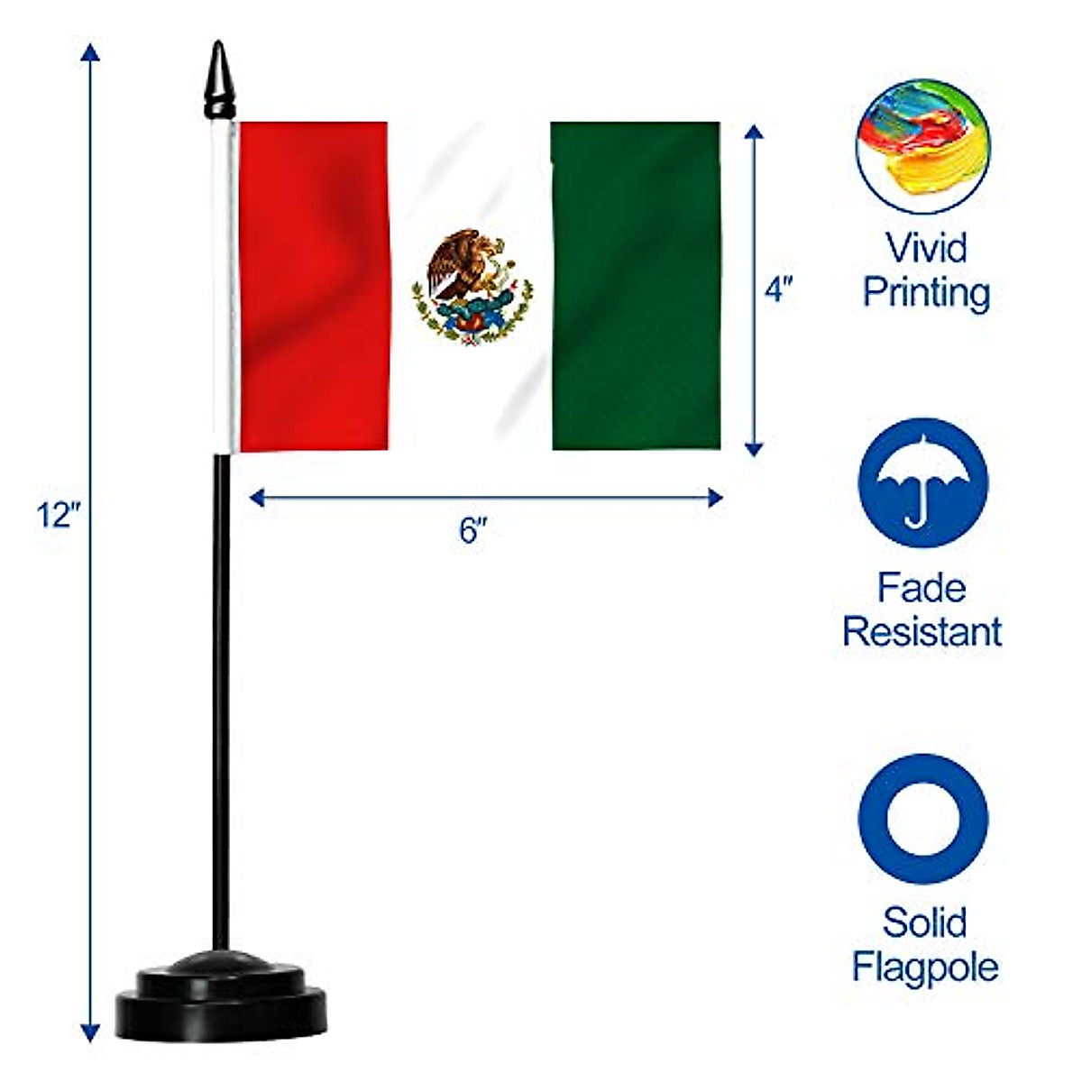 Anley Mexico Deluxe Desk Flag Set - 6 x 4 Inch Miniature Mexican Desktop Flag with 12" Solid Pole - Vivid Color and Fade Resistant - Black Base and Spear Top