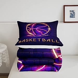 Cool Basketball Bedding Set Twin, Neon Ombre Basketball Comforter Set for Boys Kids Teens Bedroom, Gradient Purple Black Down Comforter, Sports Game Bedding Comforter Sets with 1 Pillow Sham Warm