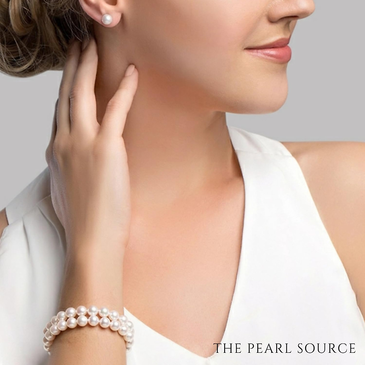 The Pearl Source Sterling Silver 6-7mm AAAA Quality Round White Double Freshwater Cultured Pearl Bracelet for Women