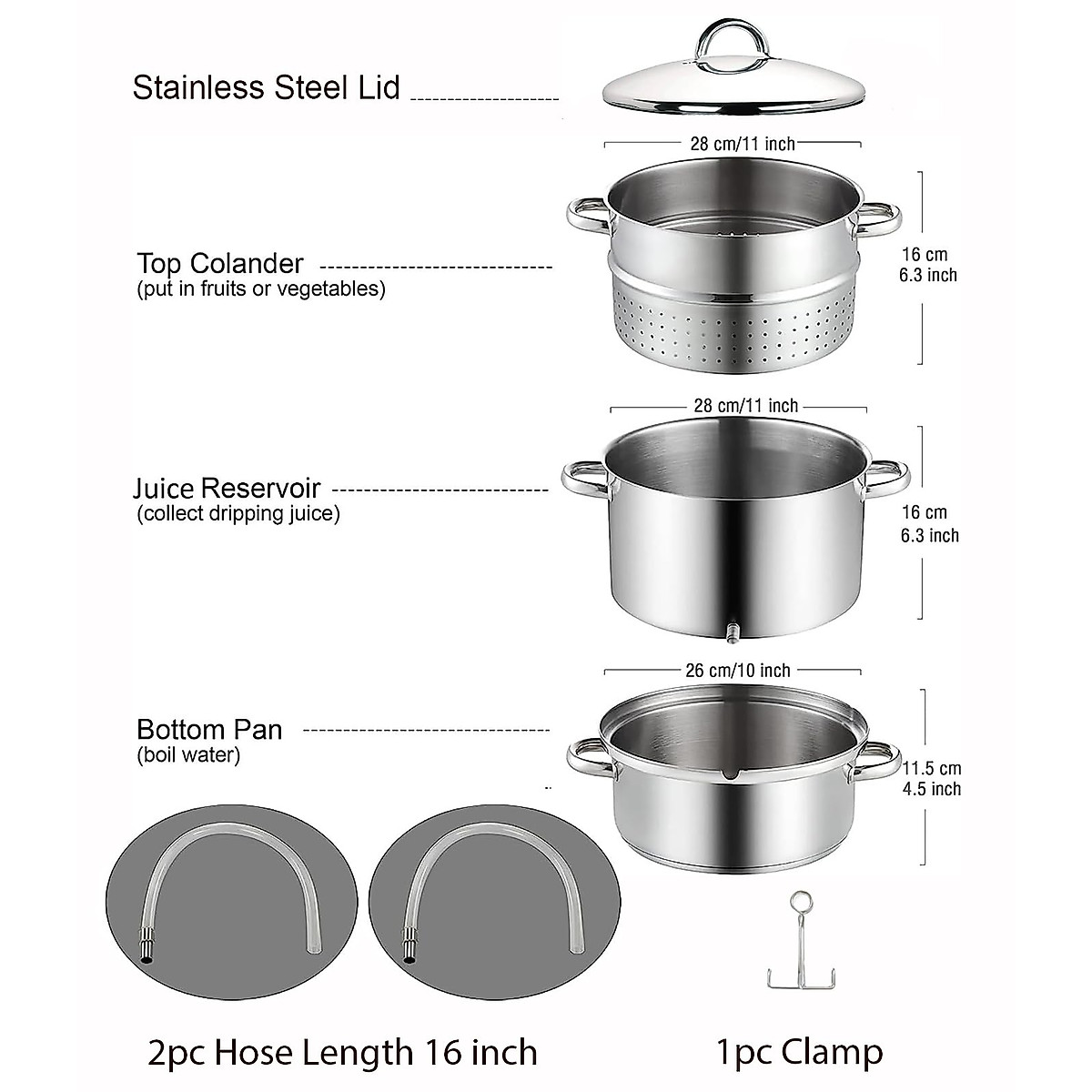 Cook N Home Basics Canning Juice Steamer Extractor With water/cooking pan, juice pan, strainer/loading pan, lid, and hose with clamp , 11-Quart, Mirror Satin, Stainless Steel