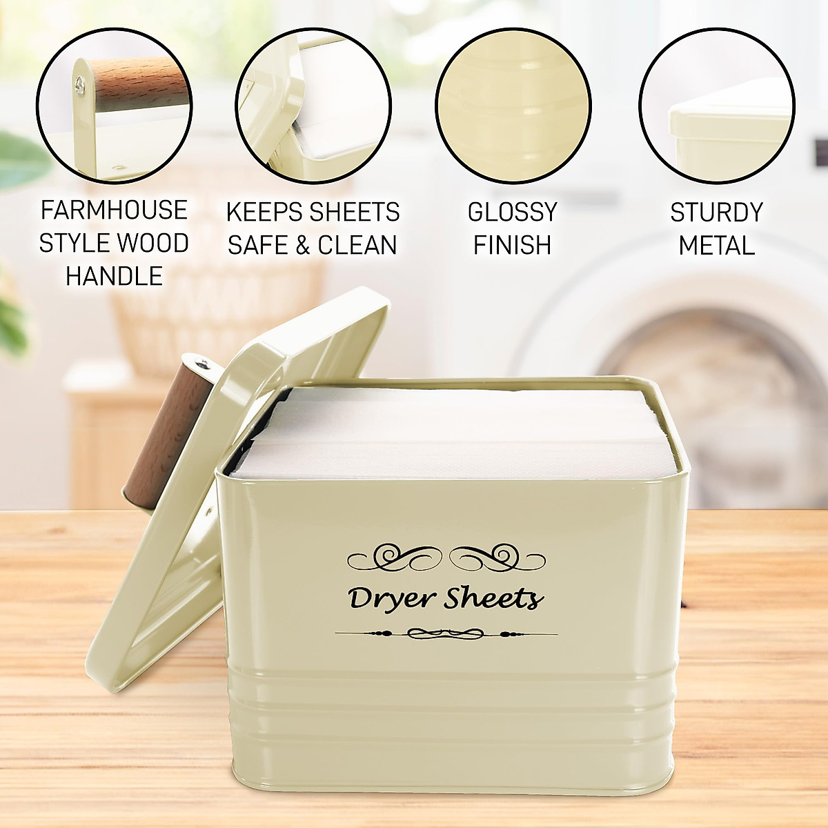 ELITAPRO Dryer Sheets Holder for Laundry Room - Farmhouse Dryer Sheet Box with Lid - Laundry Room Decor & Accessories - Metal Dryer Sheet Container for Laundry Room Organization & Storage (Ivory)