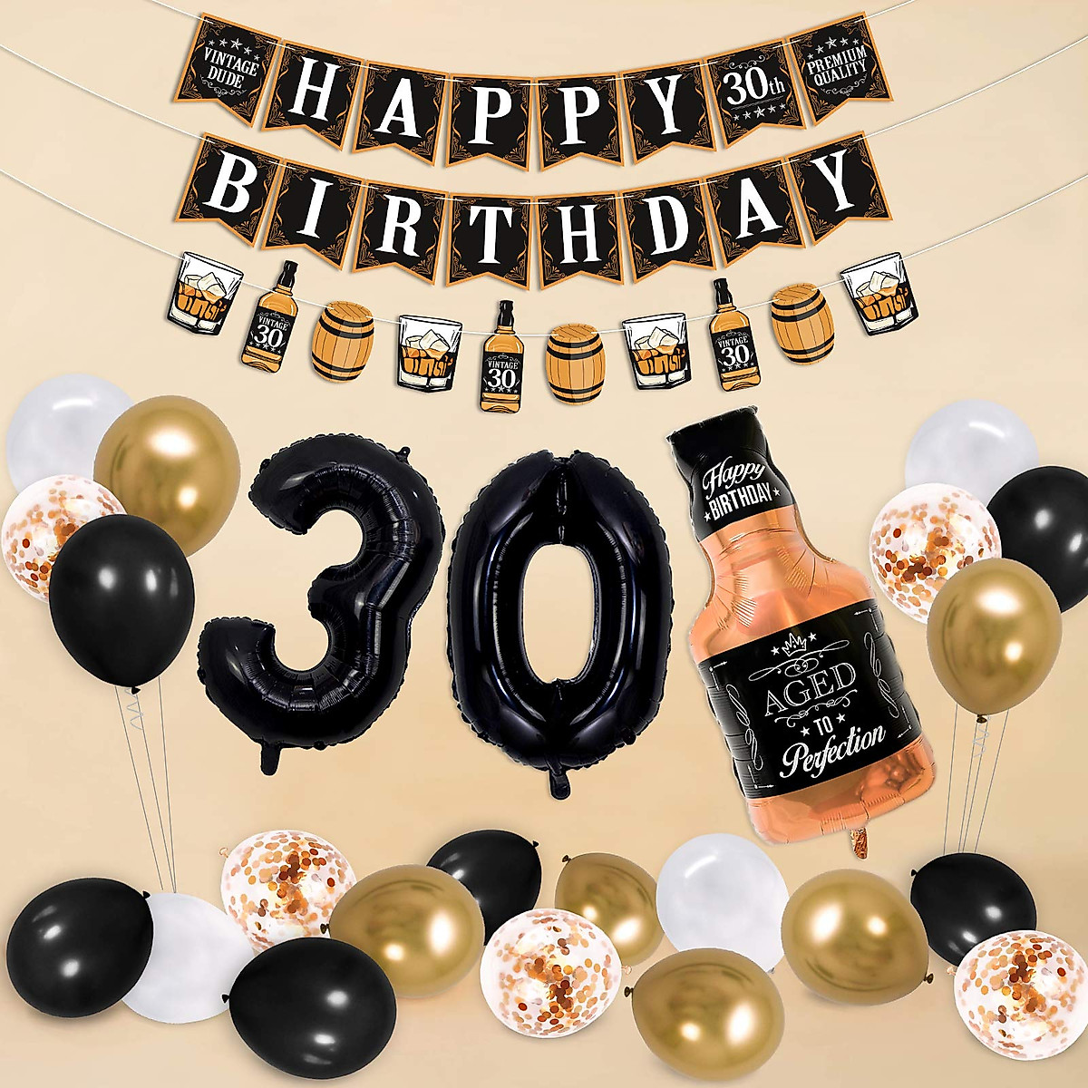 Sinasasspel Whiskey 30th Birthday Decorations Gold & Black Aged to Perfection Birthday Party Banner Whiskey Garland, 27 Balloons for 30 Years Old Party Supplies