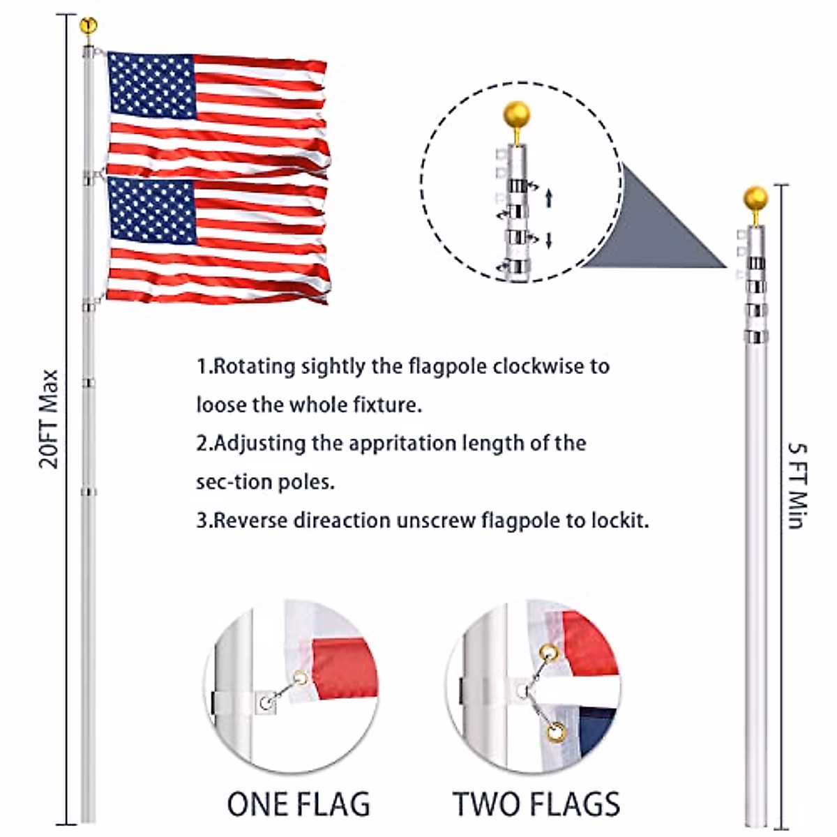 Hooomyai 20FT Telescopic Flag Pole Kit, Heavy Duty Aluminum Telescoping Flagpole Kit Fly 2 Flags, Outdoor In Ground Flagpole with 2 USA Flag & Gold Ball Top for Residential or Commercial, Silver