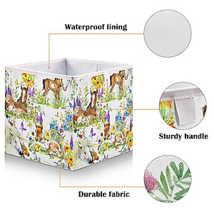 Kigai Field Horses Storage Bins Cube Foldable Storage Baskets Bin Waterproof Home Organizer with Handles Basket for Toy Nursery Blanket Clothes, 11x11x11 Inch