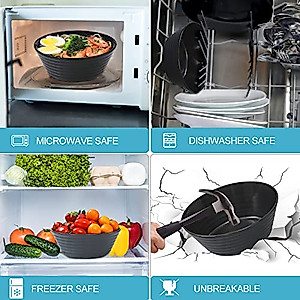 DUOLUV Cereal Bowls 36 OZ, Set of 12 Unbreakable Wheat Straw Plastic Serving Snack Bowls Dishwasher Microwave Safe Reusable Large Soup Dessert Bowls for Kitchen Parties Camping Black Gray