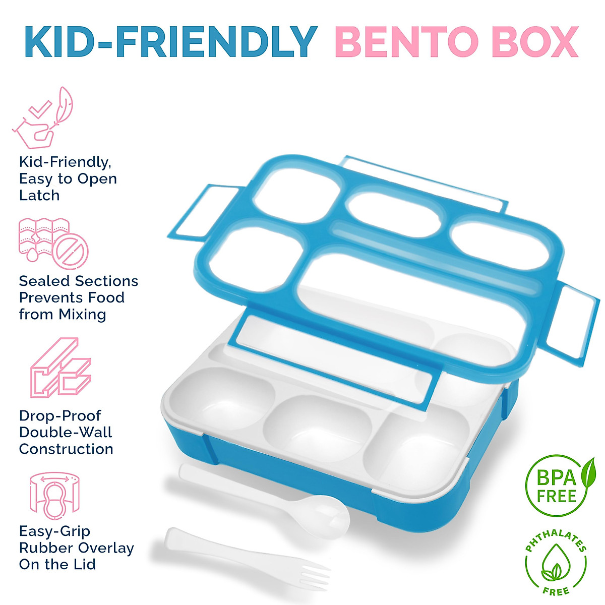 Bento Lunch Box Kids & Adult: Leakproof Lunch Containers for Boys & Girls with 6 Compartments - School, Daycare, Meal Planning Portion Control Container, BPA-Free Boxes, Utensils, Blue & Pink Set