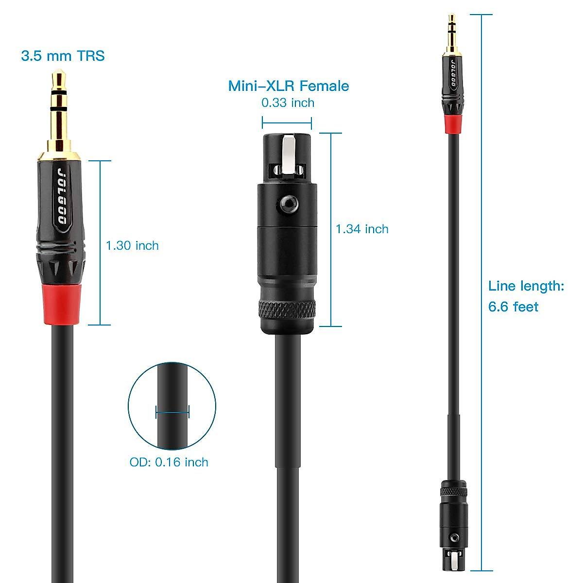 JOLGOO 3.5mm Stereo Audio Plug to Mini XLR Female Cable, 1/8" TRS Plug to 3-pin Mini XLR Female Headphones Audio Cable, 6.6 Feet