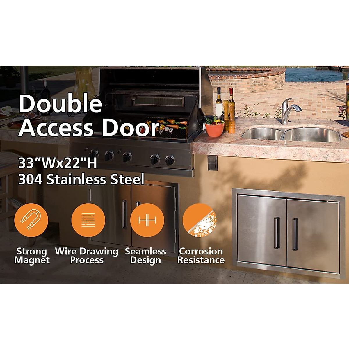 WAFIET Double BBQ Access Door, 33W x 22H Inch Outdoor Kitchen Doors 304 Stainless Steel Cabinets Double Grill Door for BBQ Island Grilling Station Outside Cabinet