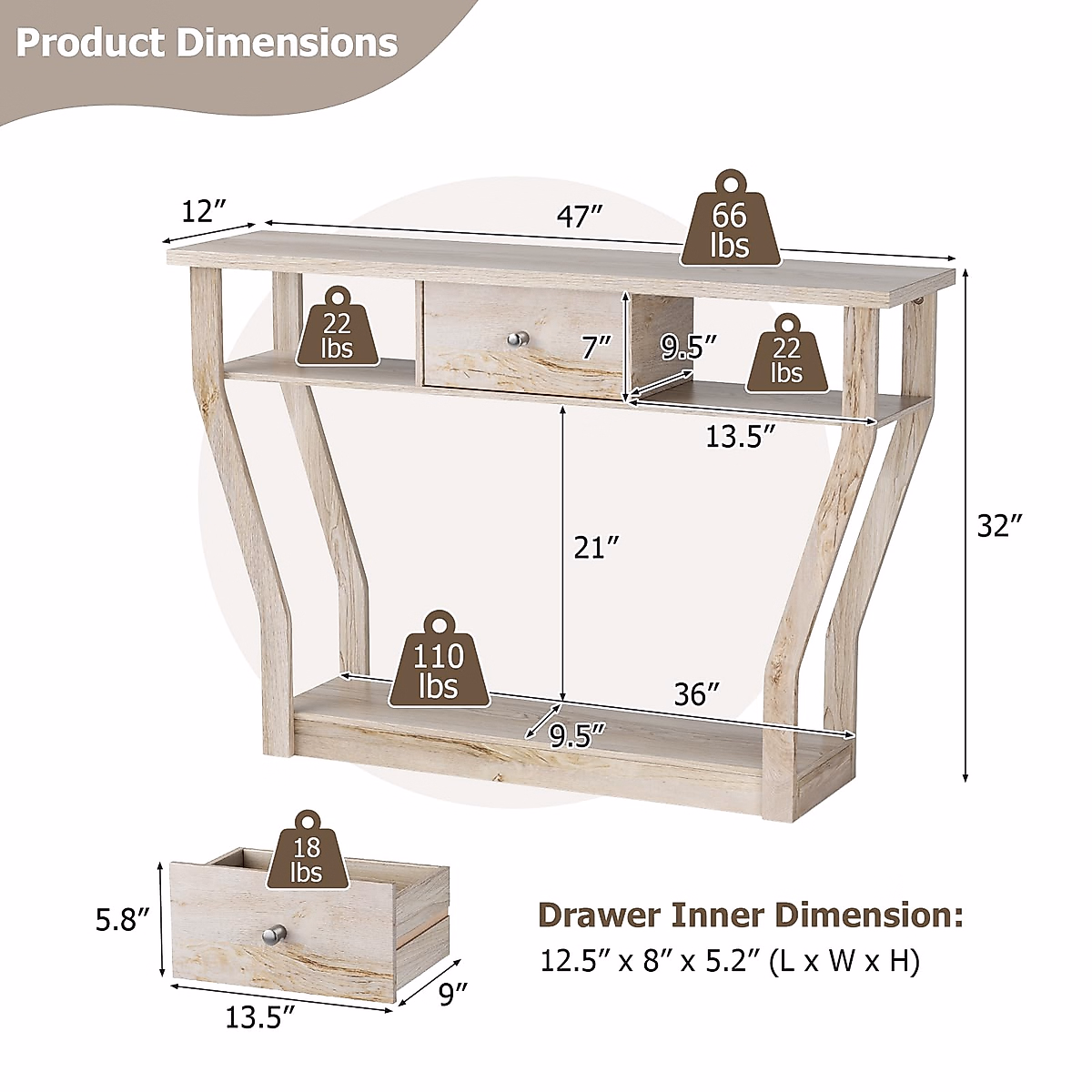 KOTEK 47'' Console Table with Storage Drawer and Shelves, Narrow Sofa Table, Accent Foyer Table, Entryway Table for Hallway, Living Room, Easy Assembly (Grey)