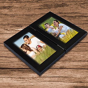 Lyeasw Double Hinged 3.5x5 Picture Frame, Classic Two Opening 3.5 by 5 Photo Frame with Glass, Black Folding Frame for Tabletop or Desk Standing