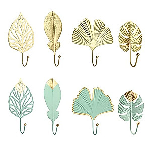 ORYOUGO Set of 8 Decorative Leaves Iron Hooks Plant Modern Key Holder Wall Mounted Single Prong Coat Hanger for Hallways, Living Room, Green+Gold