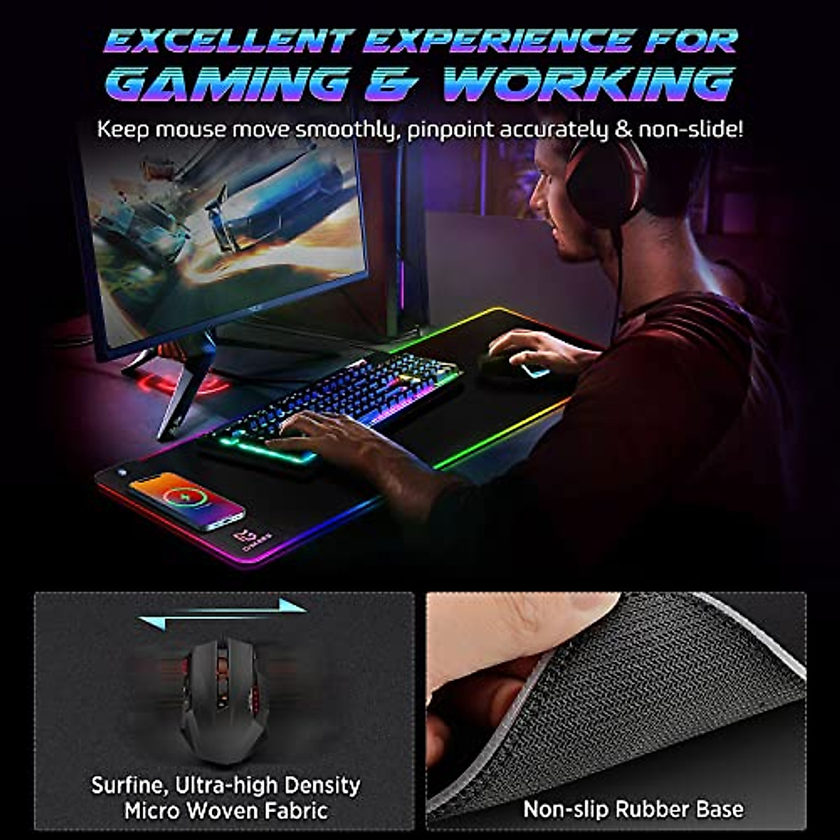 Gimars Gaming Mouse Pad with Wireless Charging, Extened Large 10W Fast Charging RGB Gaming Mouse Pad, 10 Colors LED Light, Premium Smooth Surface, Non Slip Desk Mat for Gaming, Mac, PC, Office