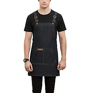 Denim Cross-Back Chef Bib Apron with Pockets for Men and Women (Black)