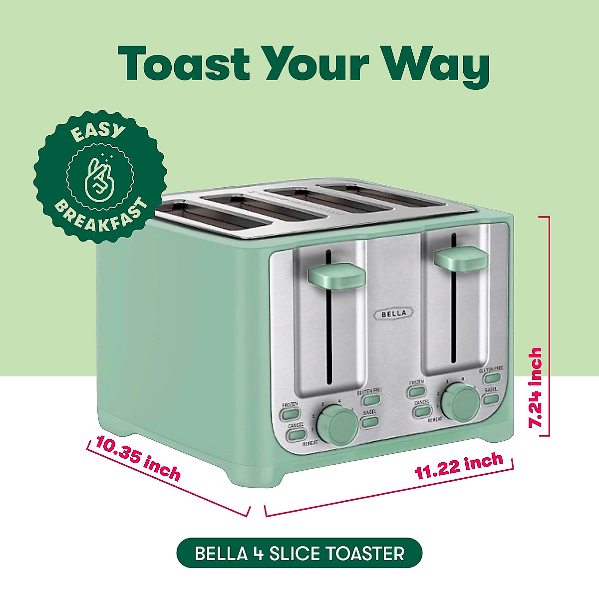 BELLA 4 Slice Toaster with Auto Shut Off - Extra Wide Slots & Removable Crumb Tray and Cancel, Defrost & Reheat Function - Toast Bread & Bagel, Sage