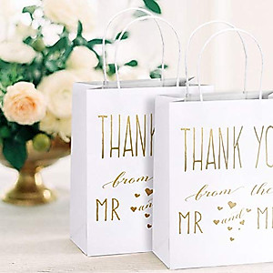LaRibbons Medium Size Gift Bags - Gold Foil Mr. and Mrs. Thank You White Paper Bags with Handles for Wedding, Bridal Shower, Birthday, Baby Shower, Party Favors - 25 Pack - 8" x 4" x 10"