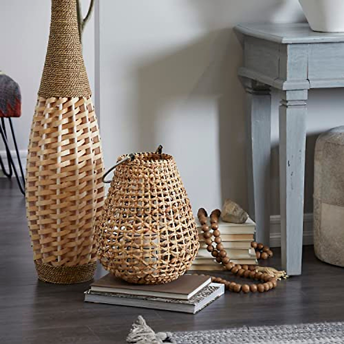 The Novogratz Metal Handmade Decorative Candle Lantern with Glass Holder and Handle, 13" x 13" x 16", Brown