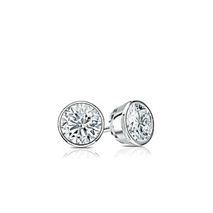 1/5 Carat Diamond Round Stud Earrings in 14k White Gold (I1-I2, cttw) Bezel Set Screw Back by Diamond Wish