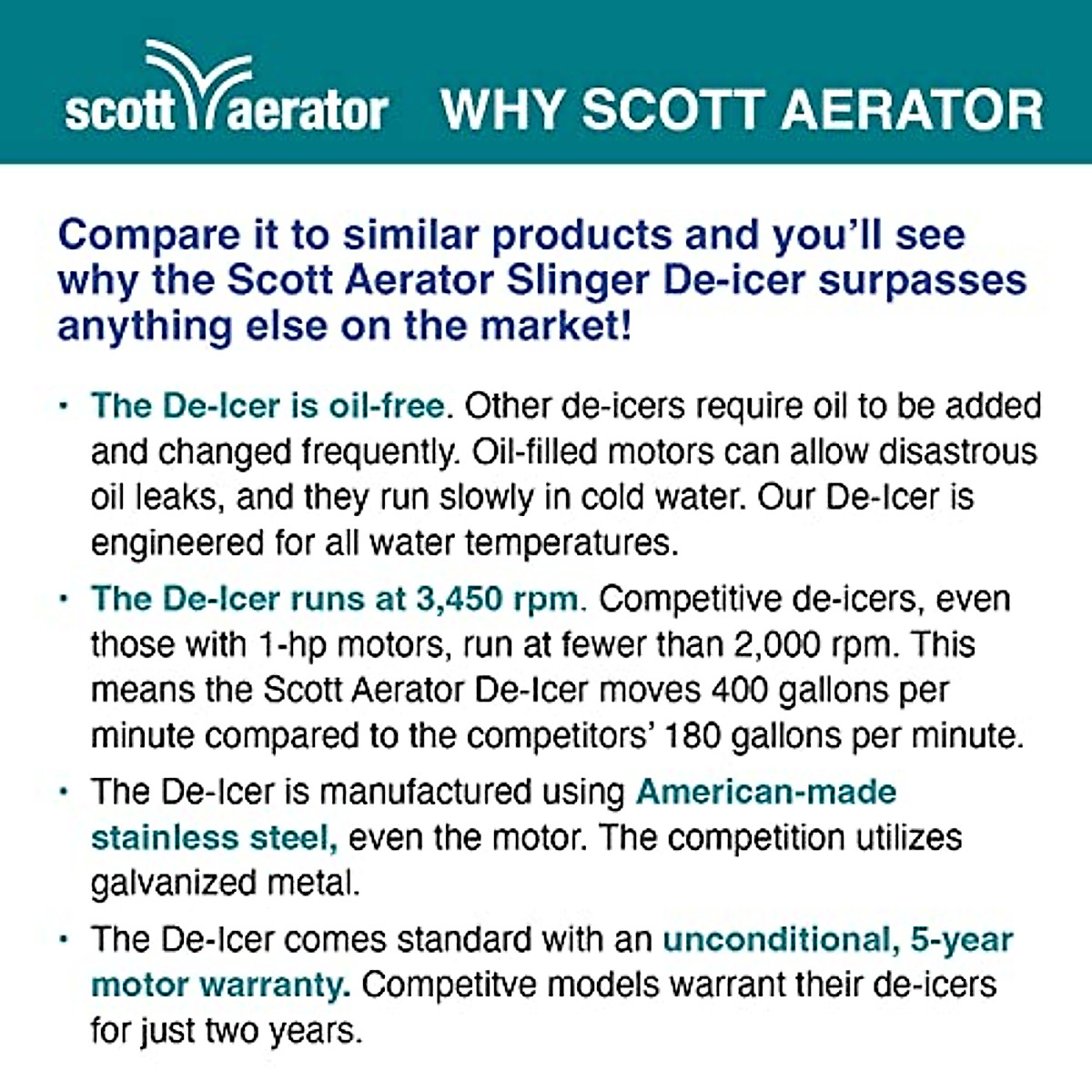 Scott Aerator Slinger De-Icer for Lakes & Ponds | 1/2 Horse Power 115V Stainless Steel & Oil Free Motor with 5 Years Warranty | 100 ft. Electric Corded Cable Included | Made in USA