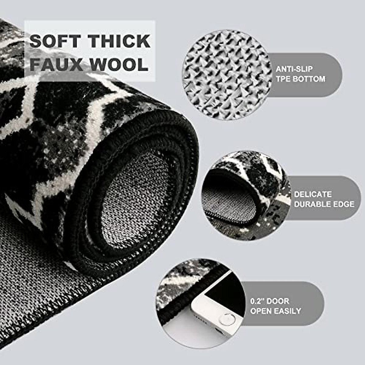 Wonnitar Moroccan Washable Round Rug 5ft Large Black Bedroom Circle Rug Non-Slip Dining Room Table Area Rug Contemporary Entryway Floor Carpet for Living Room Office Entryway (Black,5ft Round)