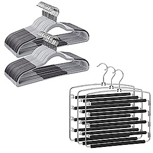 SONGMICS 50-Pack Coat Hangers and 3-Pack Jeans Hanger Bundle, Plastic and Metal Hangers, Swing Arm, Non-Slip, Light and Dark Gray, Black UCRF50G and UCRI041BK