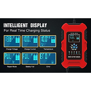 Foxsur 10-Amp 7-Stage Car Battery Charger for Wet/GEL/SLA/LiFePO4/Lead-Acid/AGM Batteries, 12V/ 24V Smart Battery Charger/Maintainer, for ATVs/Golf Cart/Motorcycle/Automobile/Marine etc Quick Charger
