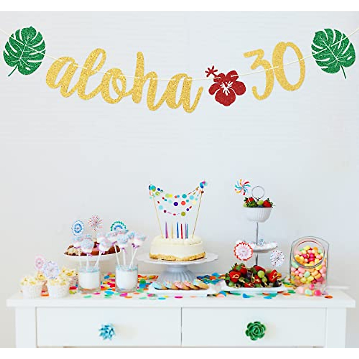 Aloha 30 Banner, Aloha Party Decorations, Hawaiian 30th Birthday Banner for Tropical Luau Birthday Party Decorations, Palm Leaf Decorations Gold Green Glitter