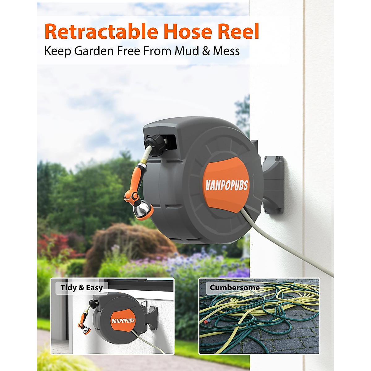 Vanpopubs Retractable Garden Hose Reel,1/2 in x 100 ft Hose Reel Auto Rewind, Any Length Lock/Wall Mounted/180°Swivel Bracket,with 10 Function Sprayer Nozzle