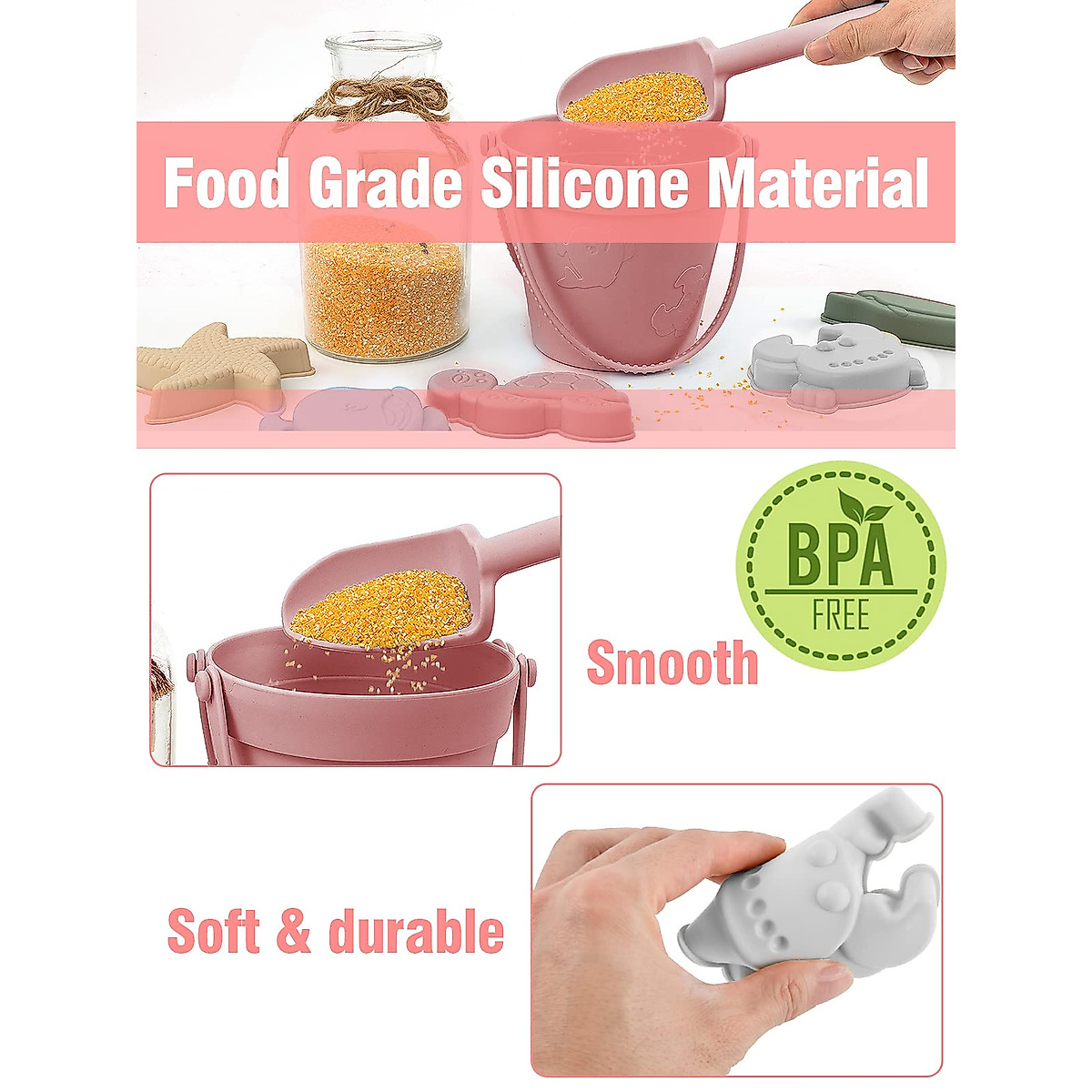 9Pcs Silicone Sand Toys for Baby with Portable Beach Bag - Kids Beach Set with Beach Toy Molds Shovel Bucket Set - Sand Toys Toddler Sandbox Toys for Kids Outdoor Summer Playset