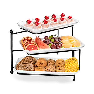 3 Tiered Serving Tray with White Porcelain Platters,Tiered Serving Stand Food Display Stand, Tiered Serving Trays & Platters, Rotatable Foldable Rectangular Plates for Dessert, Brithday Party & Events