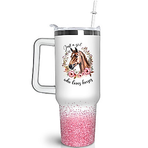 qoepfnsh 40 oz Horse Tumbler with Handle and Straw, Pink Floral Stainless Steel Vacuum Insulated Travel Coffee Mug Cup Water Bottle, Horse Stuff Accessories Decor, Horse Gifts for Women Girls