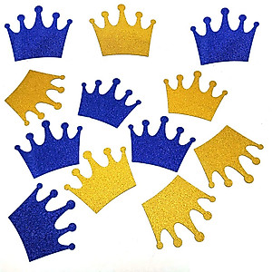 Glitter Gold and Royal Blue Crown Confetti Centerpieces Cute tags for Shower Decorations Little Prince Birthday Party Supplies 1st Birthday Princess Theme Table Decor 24CT (Gold Royal Blue)