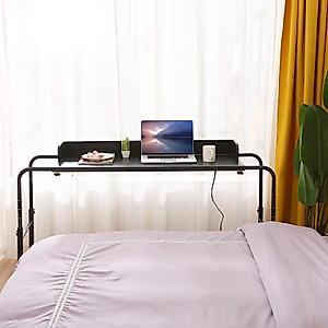 NOVII Overbed Table with Power Outlet,Wheels,Adjustable Height,Mobile Queen Size Bed Table Suitable for Home Office（Black）