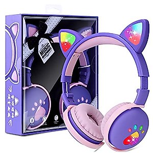 Kids Headphones, Wireless Cat Ear LED Light Up Bluetooth Headphones for Girls w/Microphone, Over On Ear Headset for School/Kindle/Tablet/PC Online Study Birthday Xmas Gift (Dark Purple)