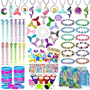 97 pcs Mermaid Party Favors Birthday Party Supplies Bubble Wands Stickers Bags Necklaces Keychains Bracelets Diving Gem Stamps Decorations Toys for Kids Girls Goodie Bag Fillers Summer Sea Toys Prize