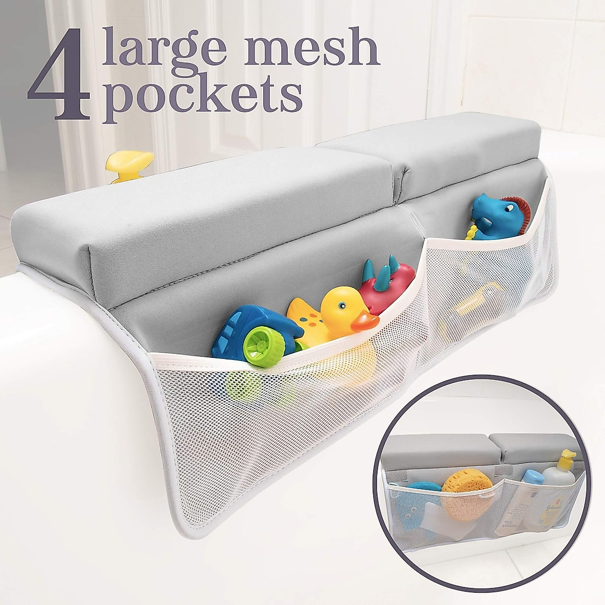 BATALEE Foam Baby Bath Kneeler and Elbow Rest Pad Set - Non-Slip Painless Thick Kneeling Pad - Bath Toy Organizer - X-Large Gray