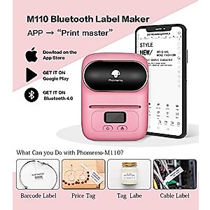 Phomemo M110 Label Maker- Portable Mini Bluetooth Thermal Label Printer Apply to Labeling, Office, Cable, Retail, Barcode and More, Compatible with Android & iOS System, with 1 40×30mm Label, Pink
