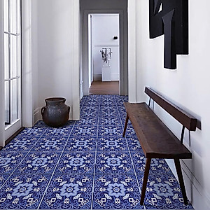 Peel and Stick Floor Tile, Blue Flower Vinyl Flooring, Durable and Waterproof for Update Bathroom Kitchen Basement, 12x12In, 10pc