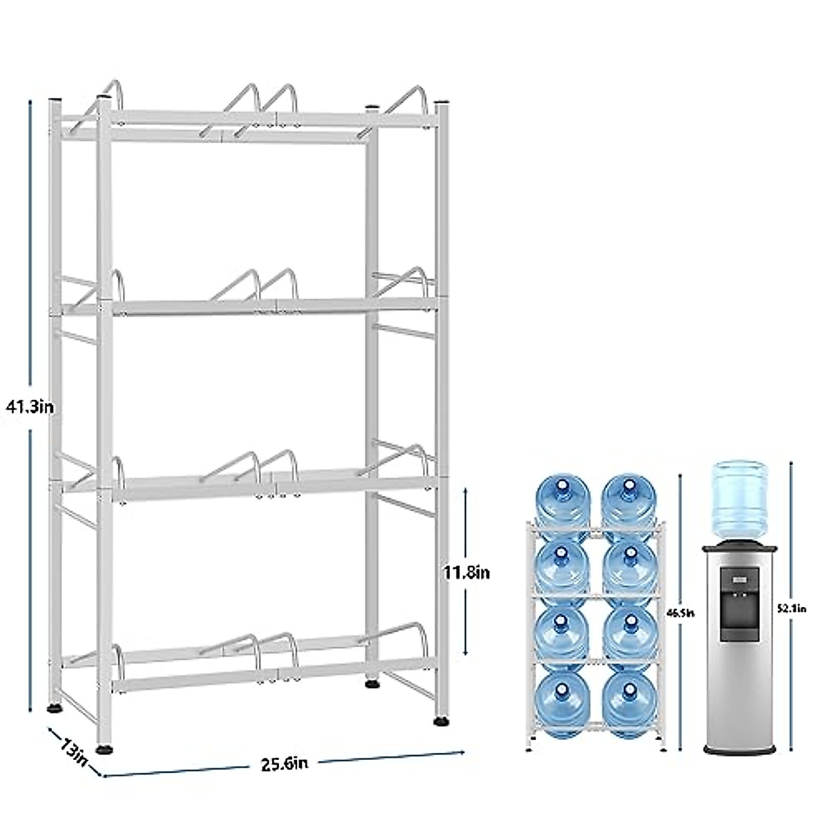 5 Gallon Water Jug Holder of 4 Tiers Water Bottle Storage Rack Stand with Large Capacity for 8 Bottles Heavy Duty Water Bottle Organizer Save Space for Kitchen, Dining Room, Garage (Silver)
