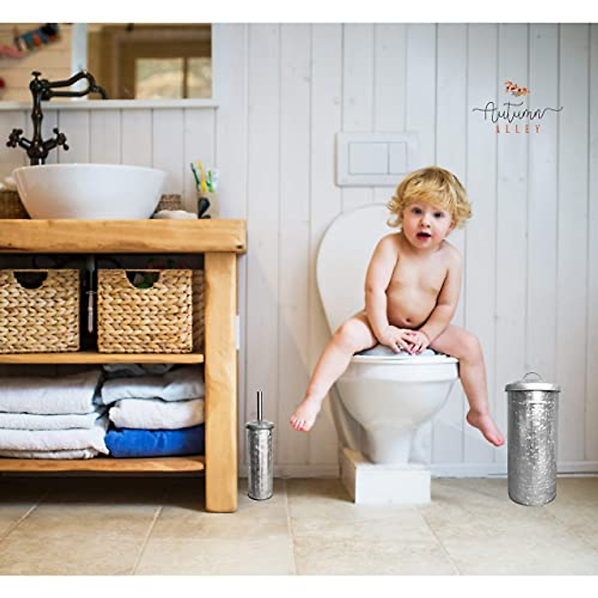 Autumn Alley Farmhouse Galvanized Metal Free Standing Toilet Paper Holder Organizer Stand Canister with Lid – Fits 3 Mega Rolls, Rustic Behind/Beside Toilet Storage Stand