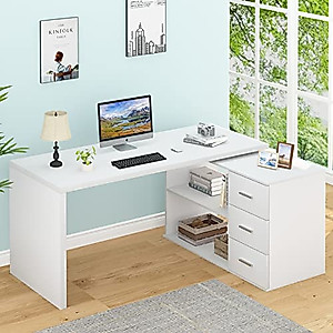 HSH White L Shaped Desk with Drawers Shelves, L Shaped Computer Desk with Storage Cabinet, Corner Home Office Desk for PC Executive Writing Study Work, Reversible Bedroom Wood Computer Table, 55 Inch