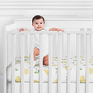 Sweet Jojo Designs Lemon Floral Girl Fitted Crib Sheet Baby or Toddler Bed Nursery - Yellow Green Beige White Watercolor Boho Bohemian Farmhouse Fruit Flower Blossom Botanical Leaf