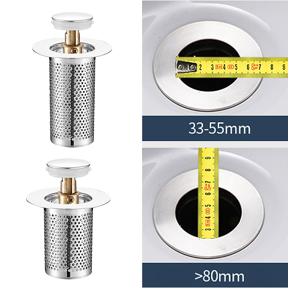 Stainless Steel Floor Drain Filter,Bathtub Sink Strainer,Pop-up Sink Filter,Copper Core Drain Filter with Removable Stainless Steel Filter Screen for Bathroom Kitchen (Long-2PCS)