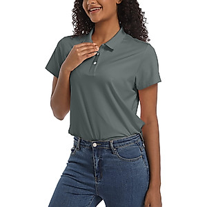 TACVASEN Women's Polo Sun Protection Athletic Shirts Short Sleeve Golf Shirt 3-Buttons Collared Tops, Dark Grey, S